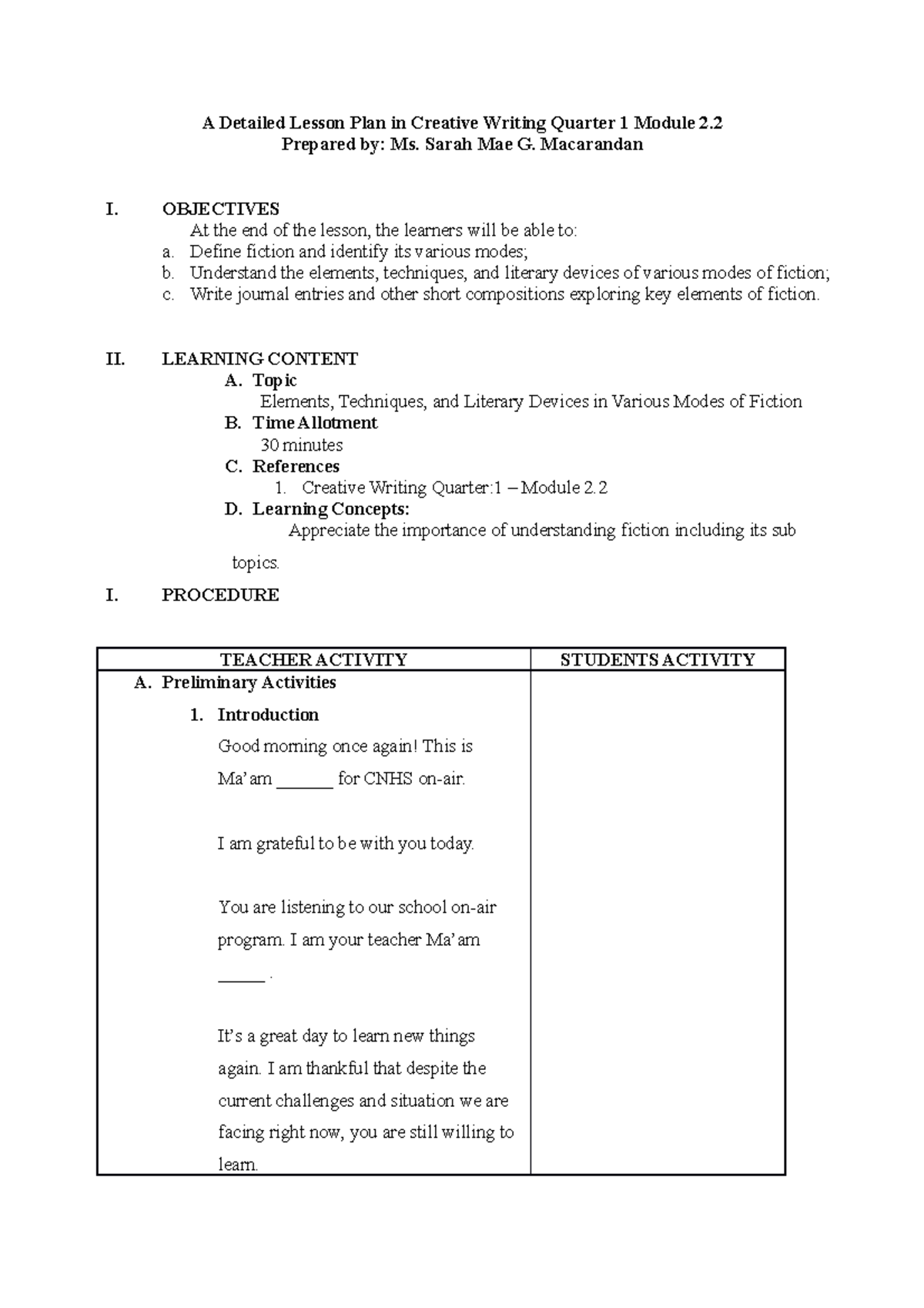 Creative Writing Q1 M2: Lesson Plan on Fiction Elements & Techniques ...