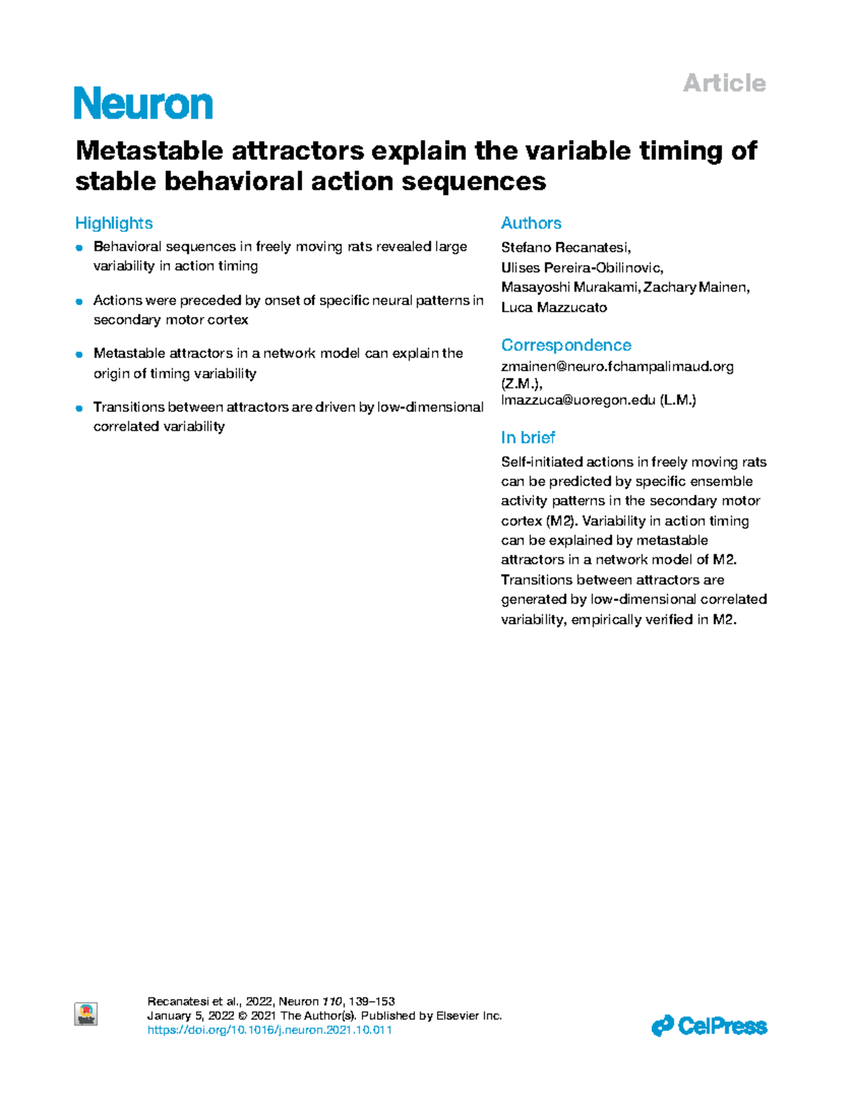Metastable Attractors and Timing Variability in Behavioral Actions ...