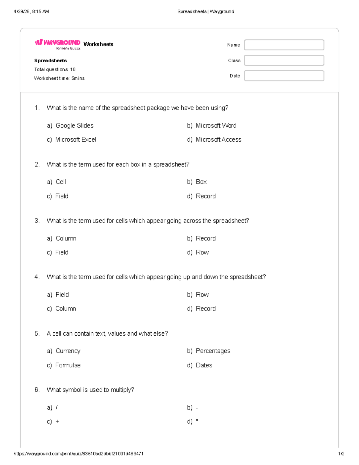 Spreadsheets Class Worksheet: 10 Questions on Excel Basics - Studocu