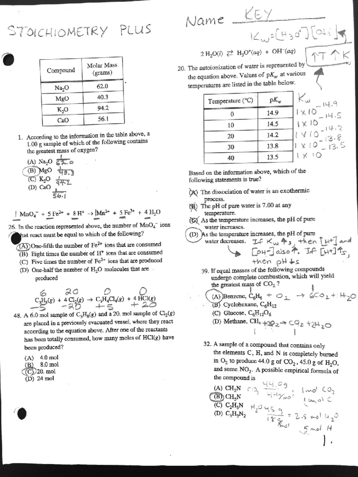 Stoichiometry plus mc key - Name KEY STOICHIOMETRY PLUS H2O(I) Molar ...