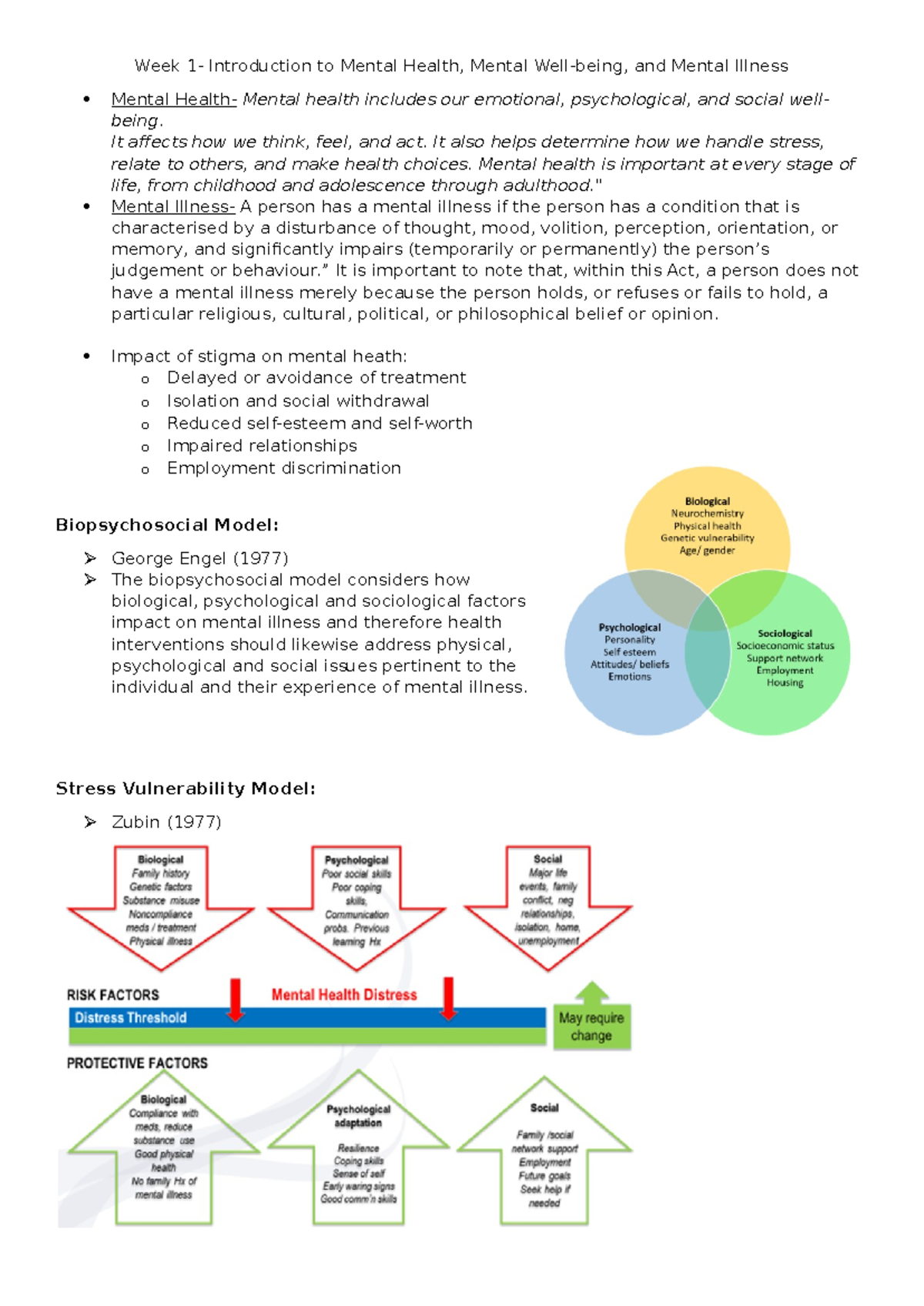 Week 1: Intro to Mental Health, Well-being & Illness Notes (MH101 ...
