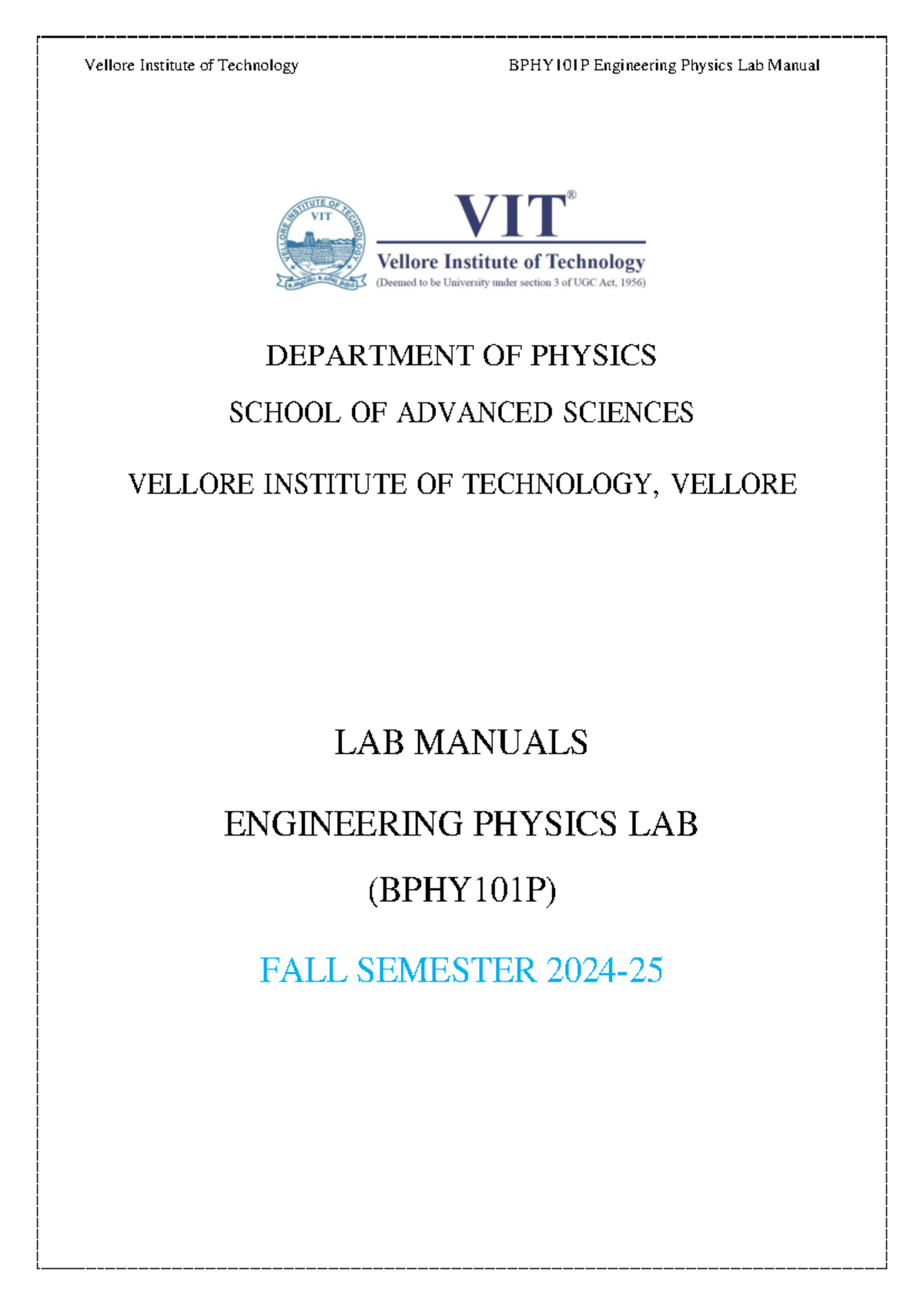 Engineering Physics Lab Manual (BPHY101P) - Fall Semester 2024 - Studocu