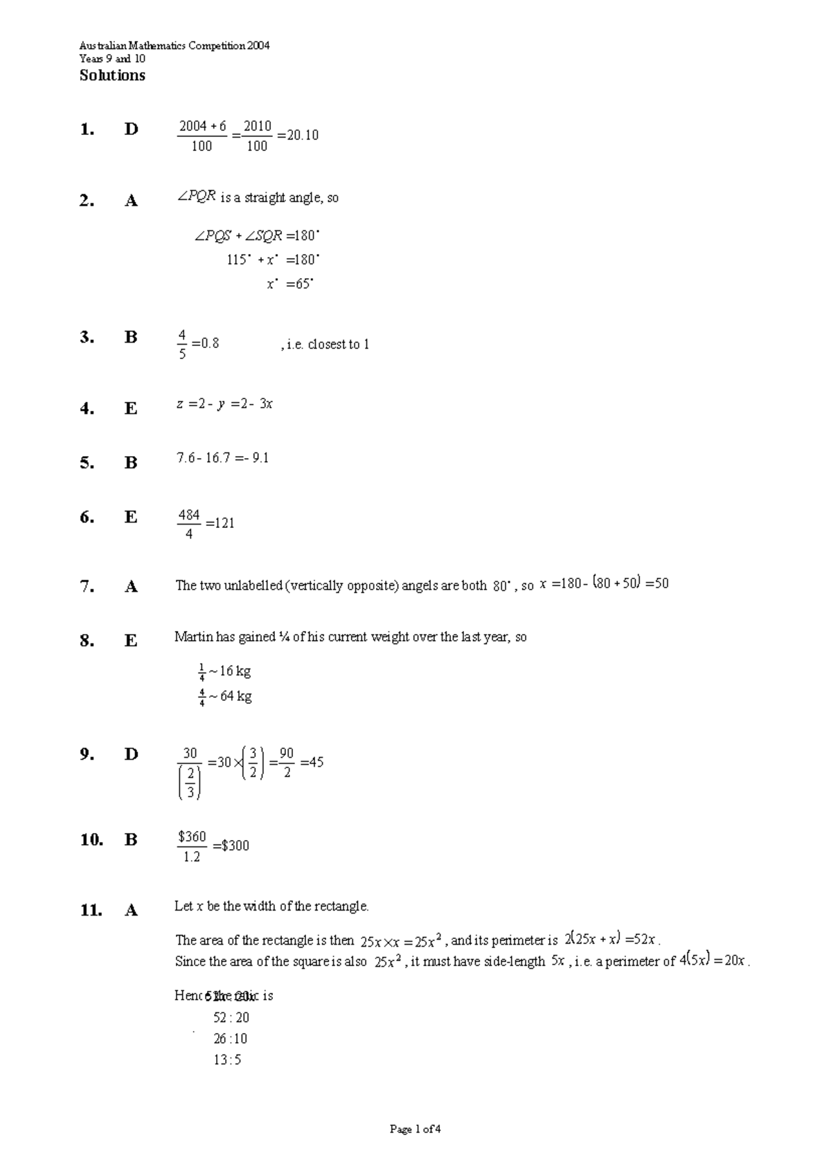 AMC Years 9 and 10 (Intermediate) 2004 Solutions Guide - Studocu