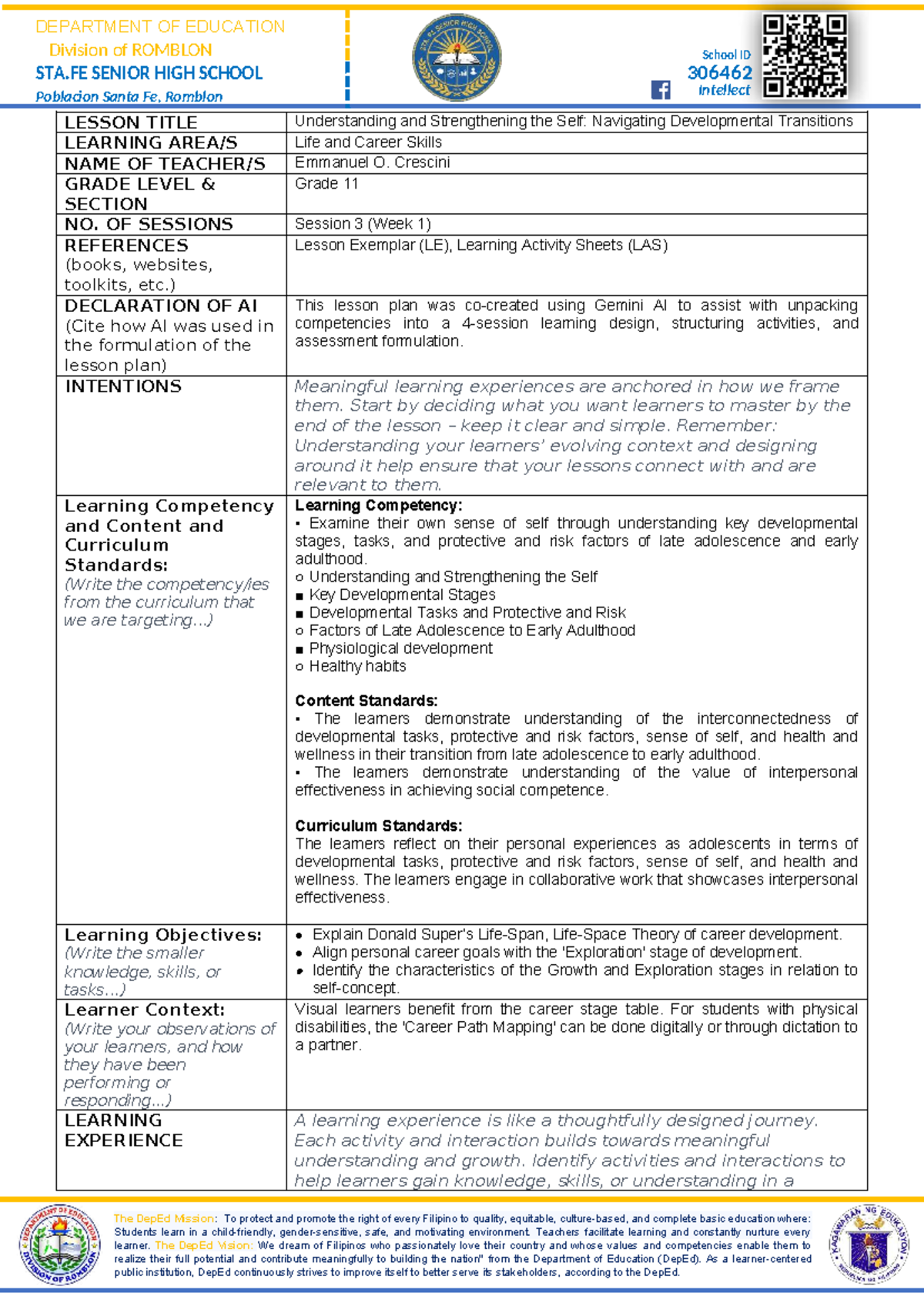 LCS-S3-W1: Lesson Plan on Understanding Self in Grade 11 - Studocu