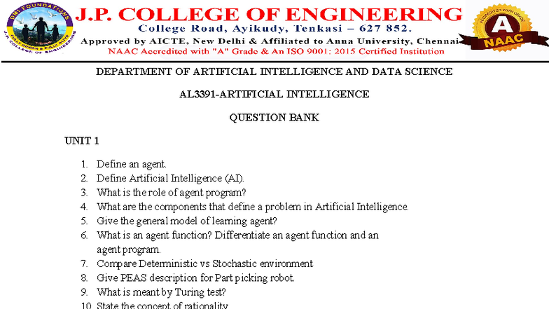 AI- Question Bank: Unit 1 & 2 Overview and Key Concepts - Studocu