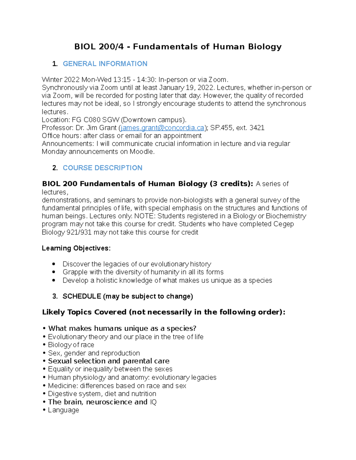 BIOL 200/4 Course Outline - Winter 2022: Fundamentals of Human Biology ...