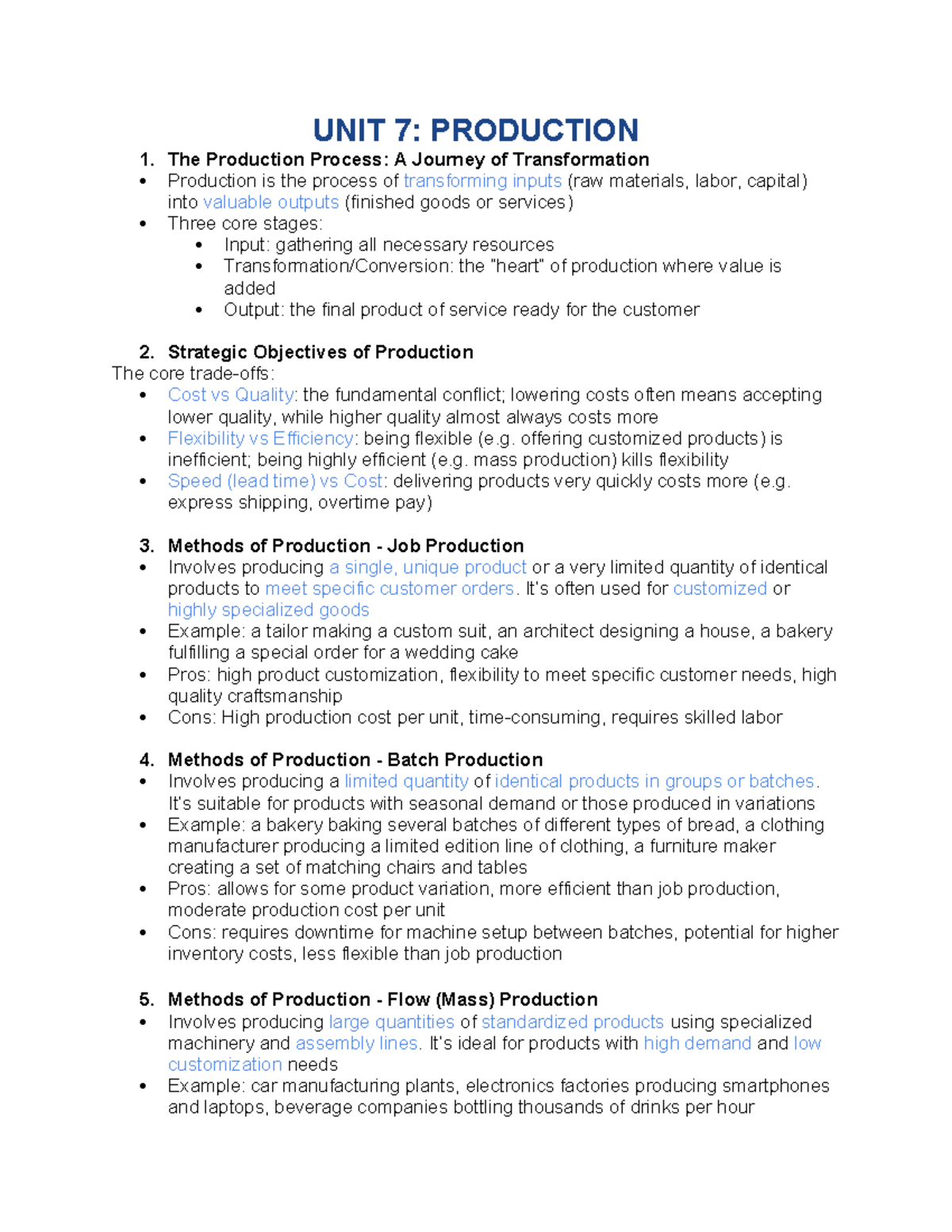 UNIT 7: Production Methods and Strategic Objectives Overview - Studocu