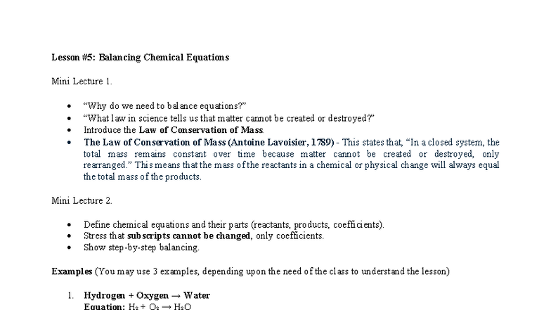 Lesson 5: Balancing Chemical Equations Overview and Examples - Studocu