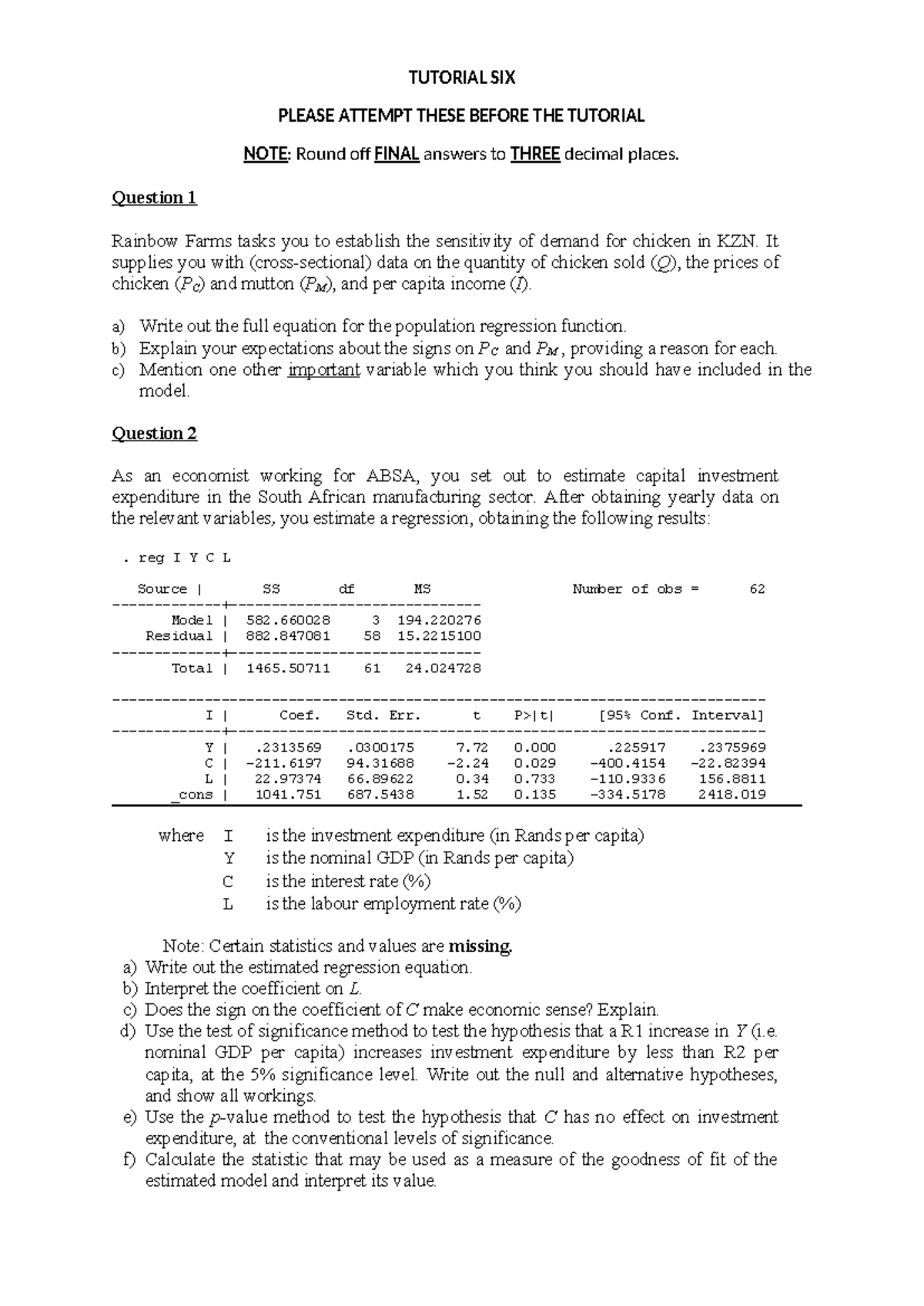 Tutorial 6: Demand Sensitivity & Investment Expenditure Analysis - Studocu
