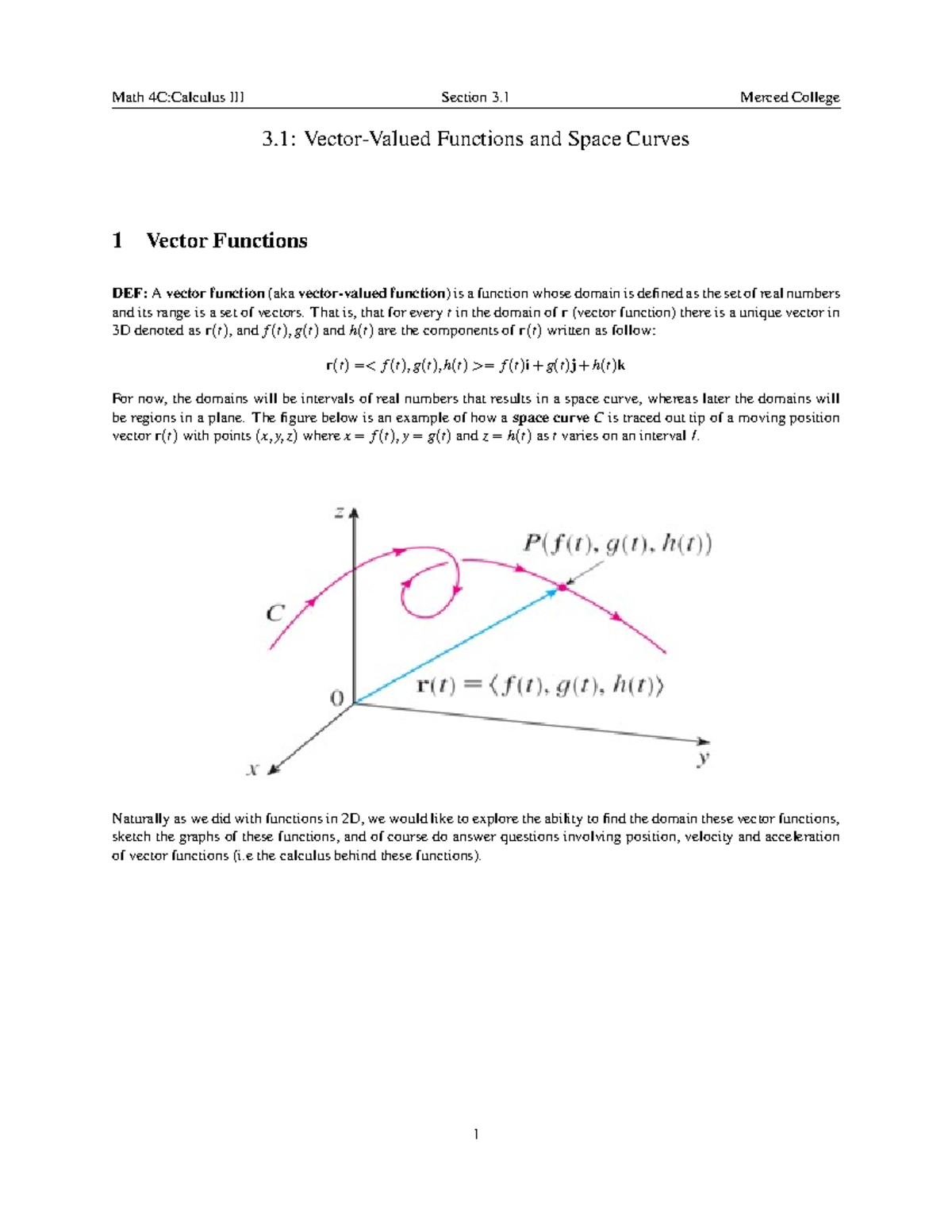 Math 4C: Calculus III Lecture Notes on Vector Functions & Curves - Studocu