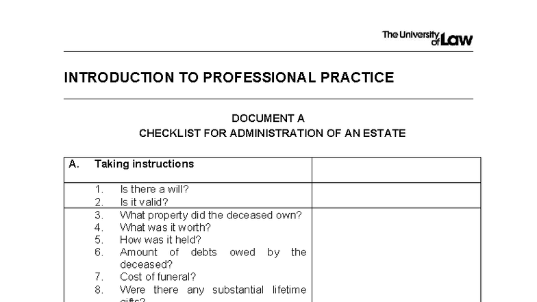Estate Administration Checklist: Intro to Professional Practice - Studocu
