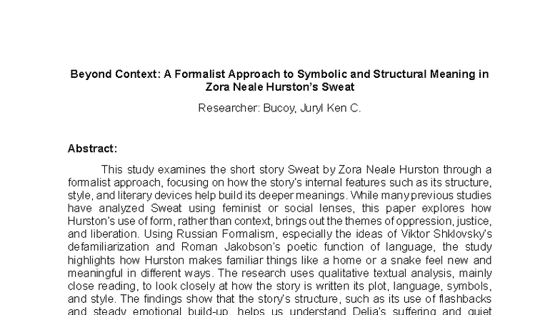 Formalist Analysis of Zora Neale Hurston's "Sweat" (ENG 202) - Studocu