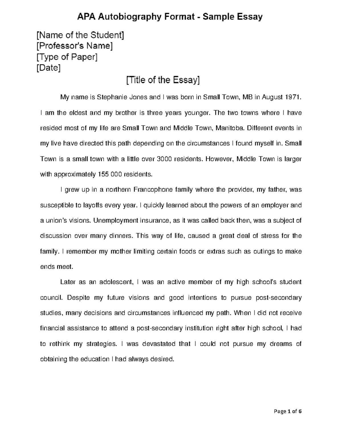 Sample apa autobiography format - AUTOBIOGRAPHICAL ESSAY/PERSONAL ...