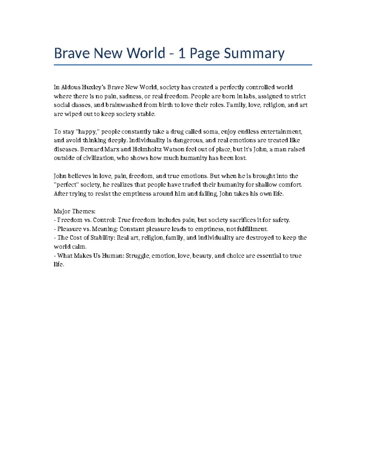 Brave New World (ENG 101) 1-Page Summary of Key Themes and Characters ...