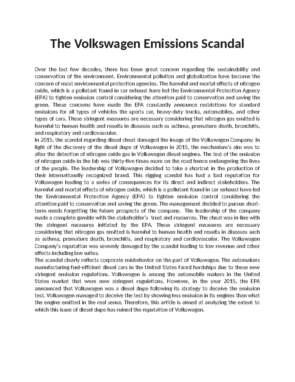 The Volkswagen Emissions Scandal - Environmental pollution and ...