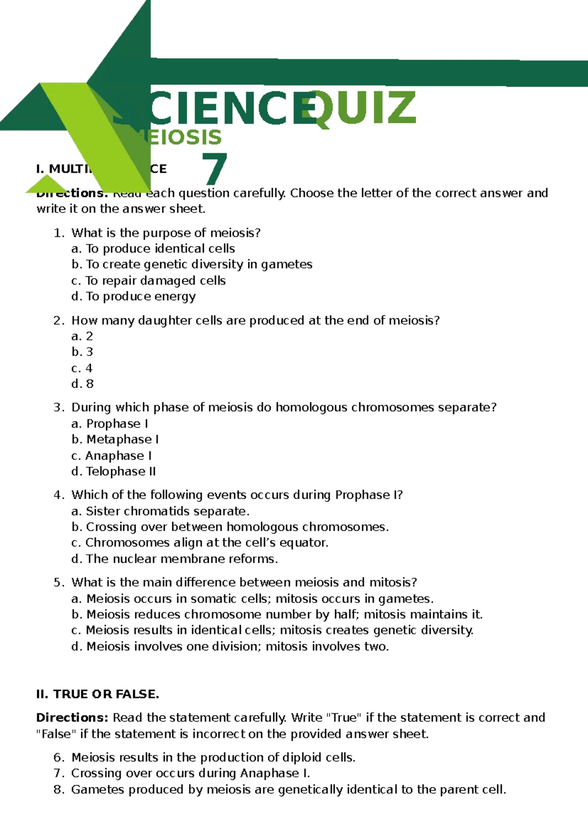 GRADE 7 BIOLOGY PRACTICE QUESTIONS: CELL STRUCTURE & REPRODUCTION - Studocu