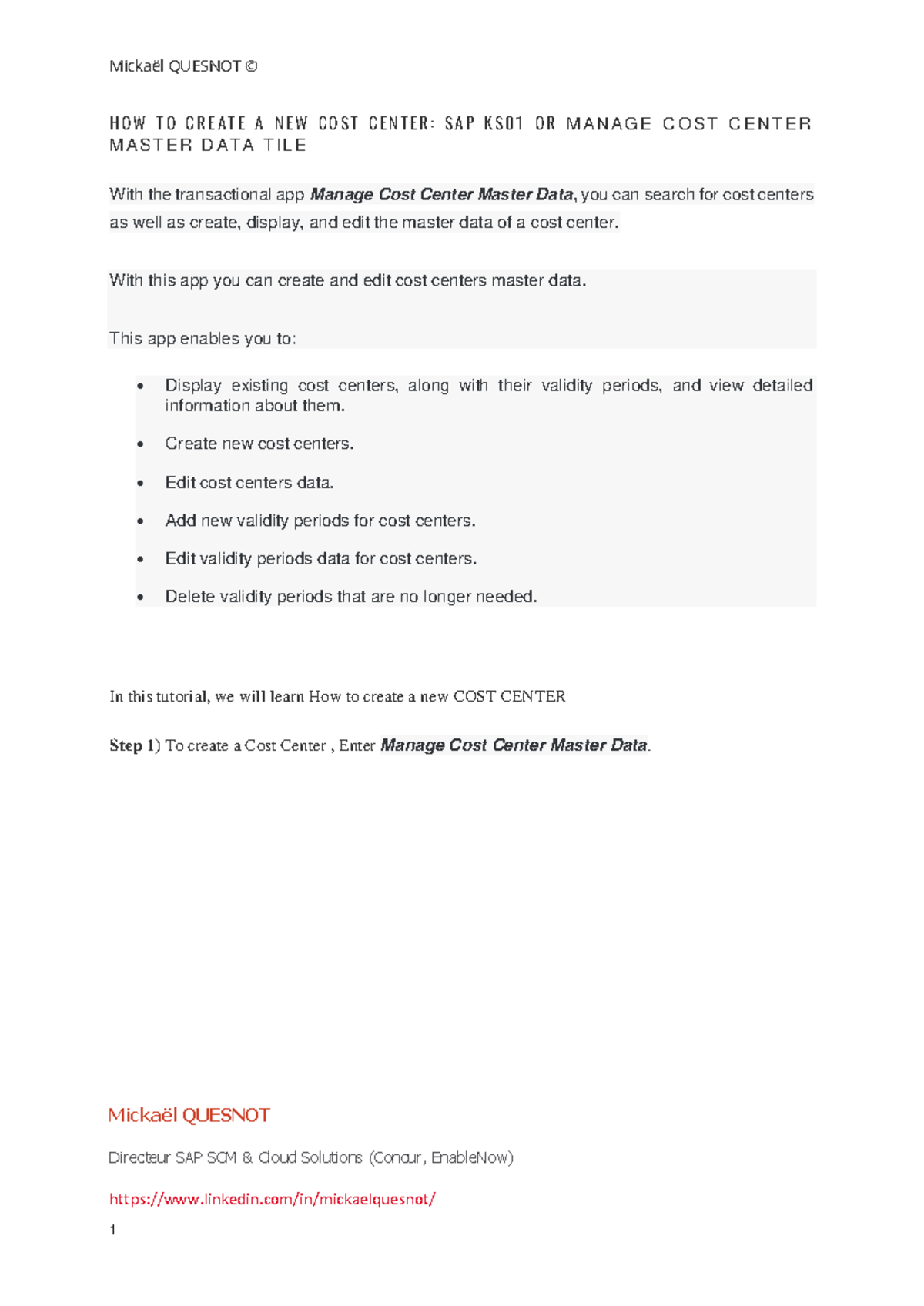 Creating a New Cost Center: SAP KS01 Tutorial Guide - Studocu