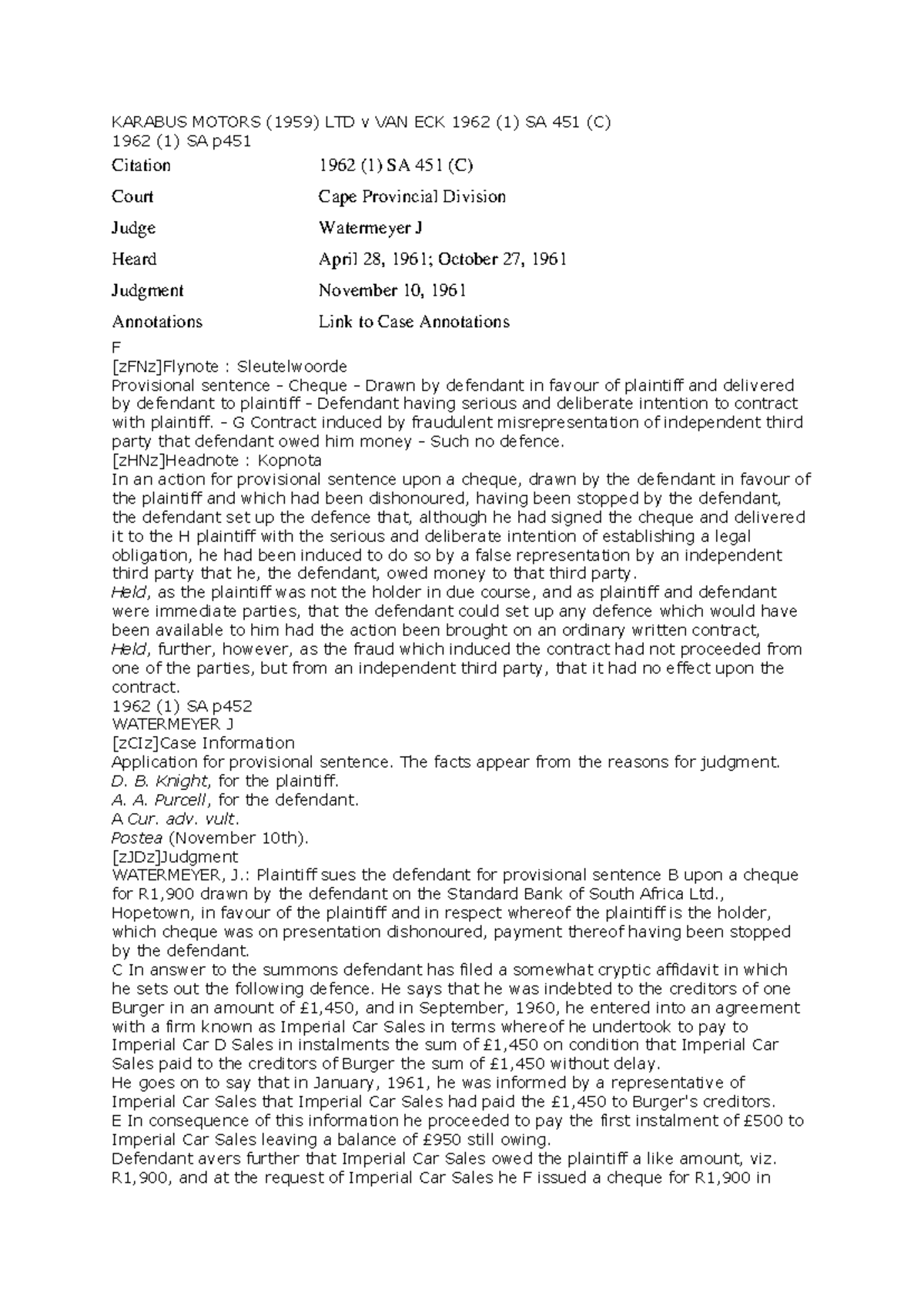KARABUS MOTORS Case Law Review: Key Insights from 1962 (1) SA 451 (C ...