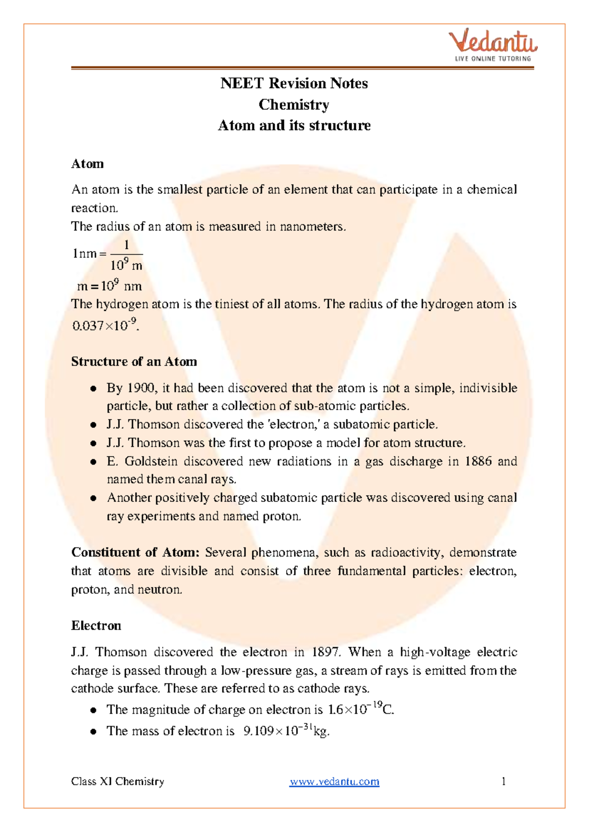 Class XI Chemistry NEET Revision Notes: Structure of Atom - Studocu