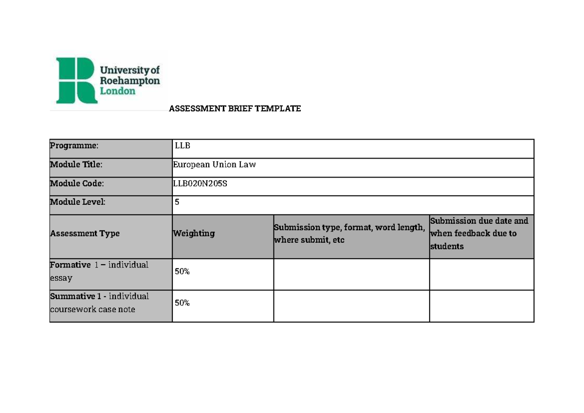 LLB020N205S: Assessment Brief for EU Law Coursework 2 - Studocu