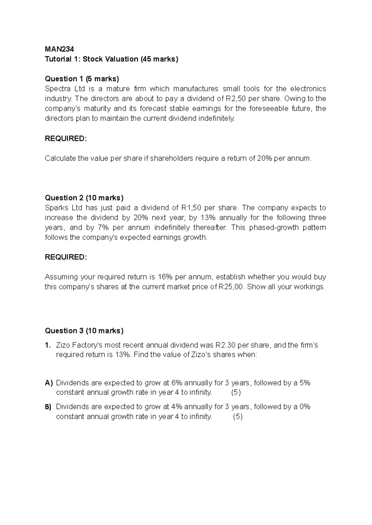 MAN 101: Tutorial 1 - Stock Valuation & Share Price Analysis - Studocu