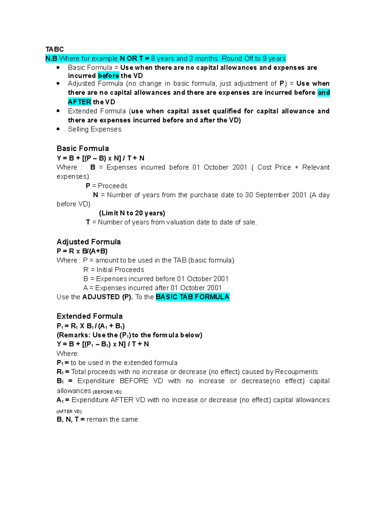 TABC - Formulas for Calculations in Tax Assessment (Final Exam Guidance ...