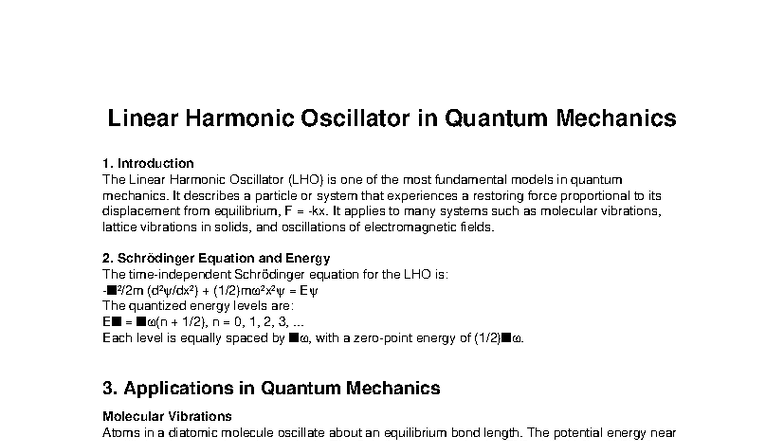 Linear Harmonic Oscillator Applications in Quantum Mechanics - Studocu