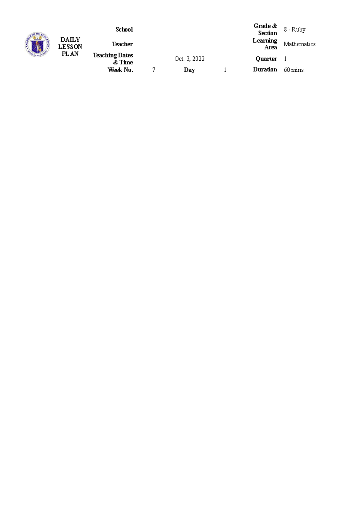 DLP Math 8 Week 7 - Daily Lesson Plan on Factors of Polynomials - Studocu