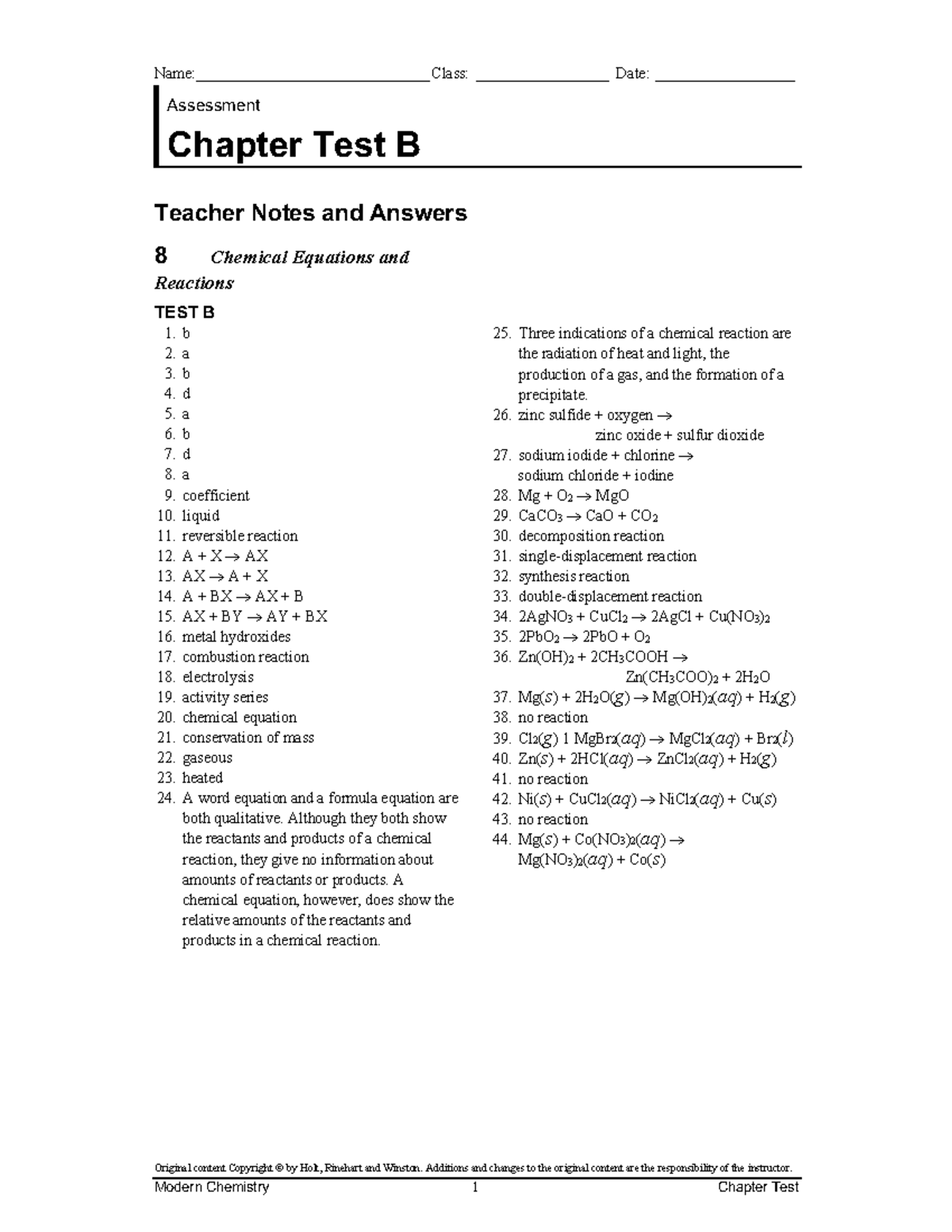 Chapter 8 Test with Answer Key - Original content Copyright © by Holt ...