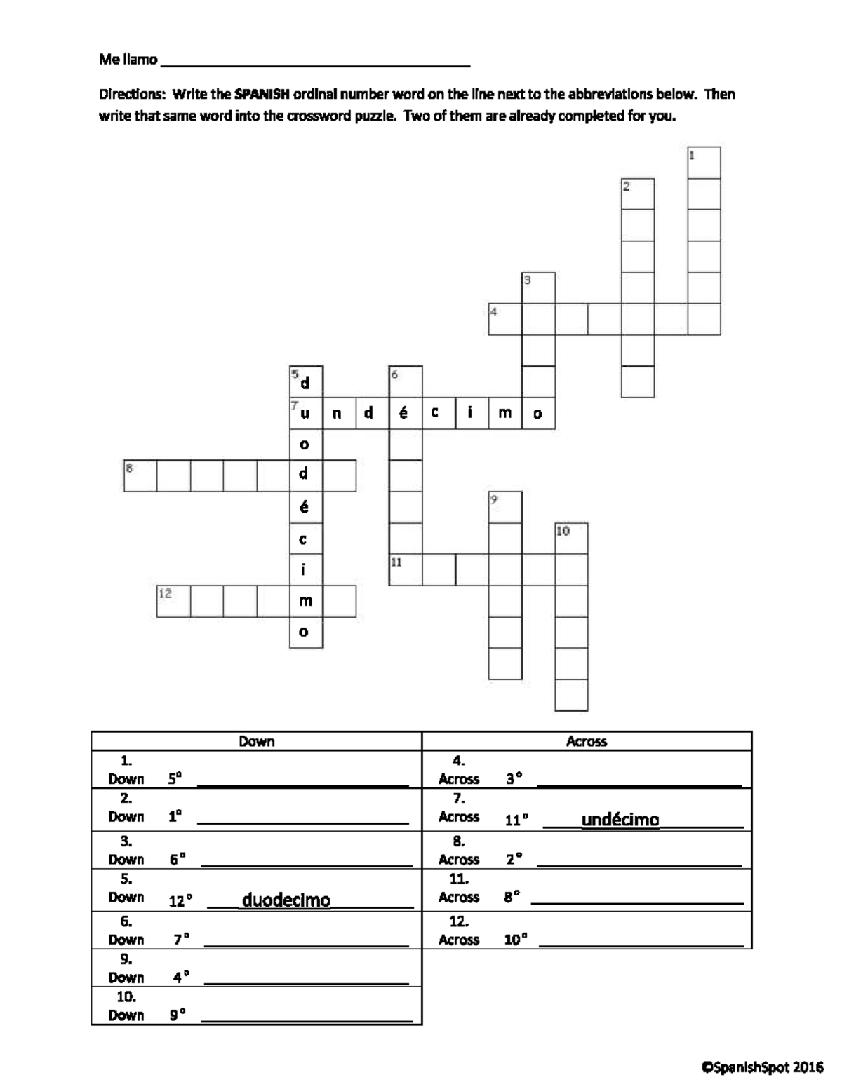 Ordinals Crossword Puzzle Instructions for SPANISH Class - Studocu