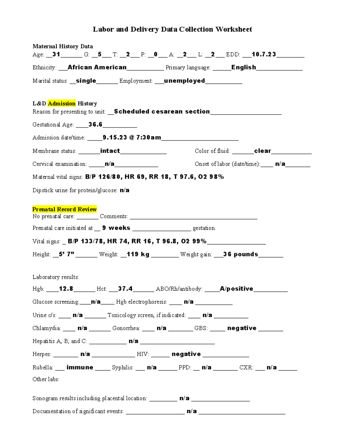 Labor & Delivery Data Collection Sheet - Labor and Delivery Data ...