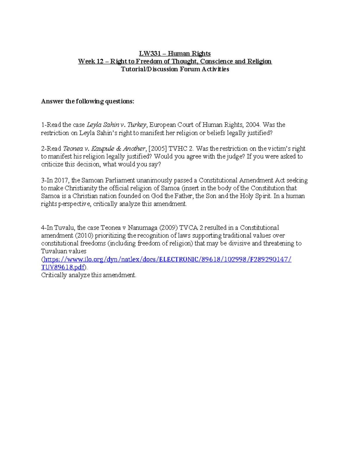 LW331 Human Rights Week 12: Freedom of Thought & Religion Analysis ...