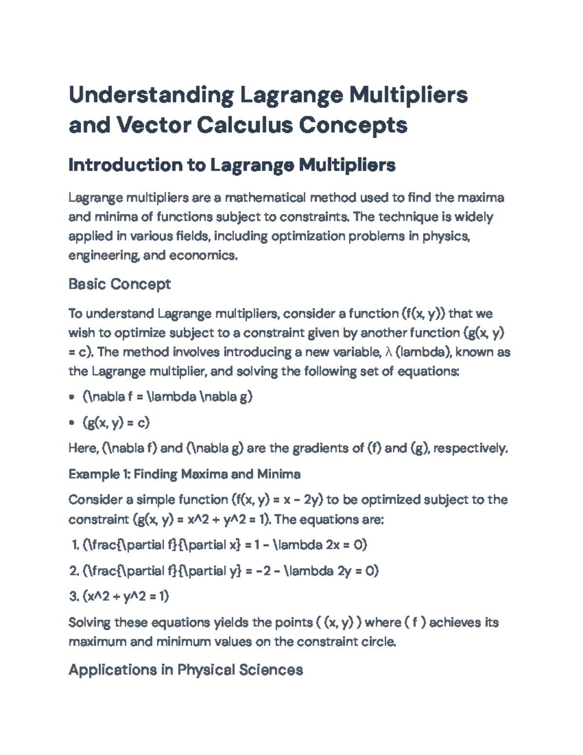 Lagrange Multipliers & Vector Calculus Concepts: Optimization ...