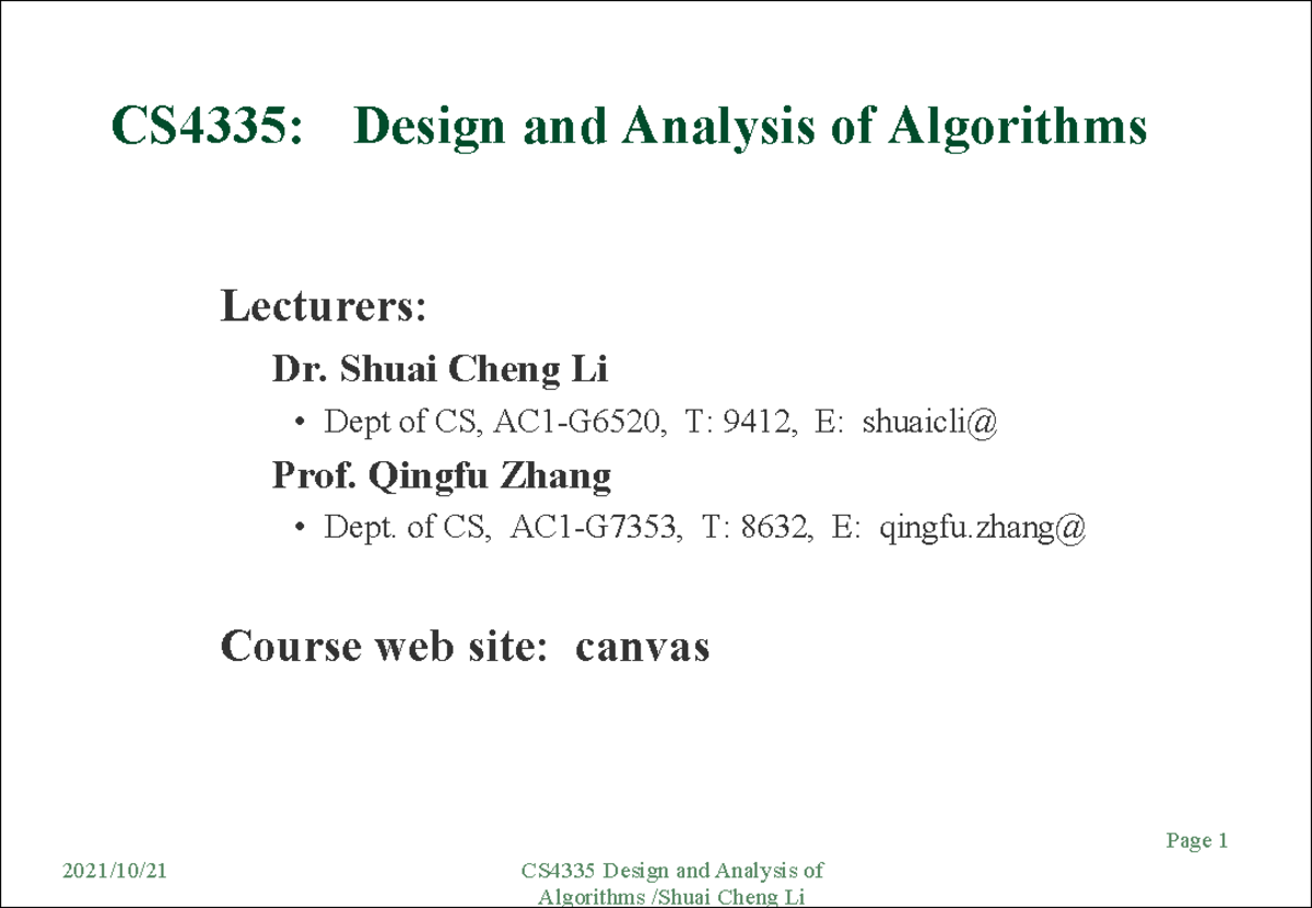 Cs4335 Lecture 1-20 - Design and Analysis of Algorithms - CityU - Studocu