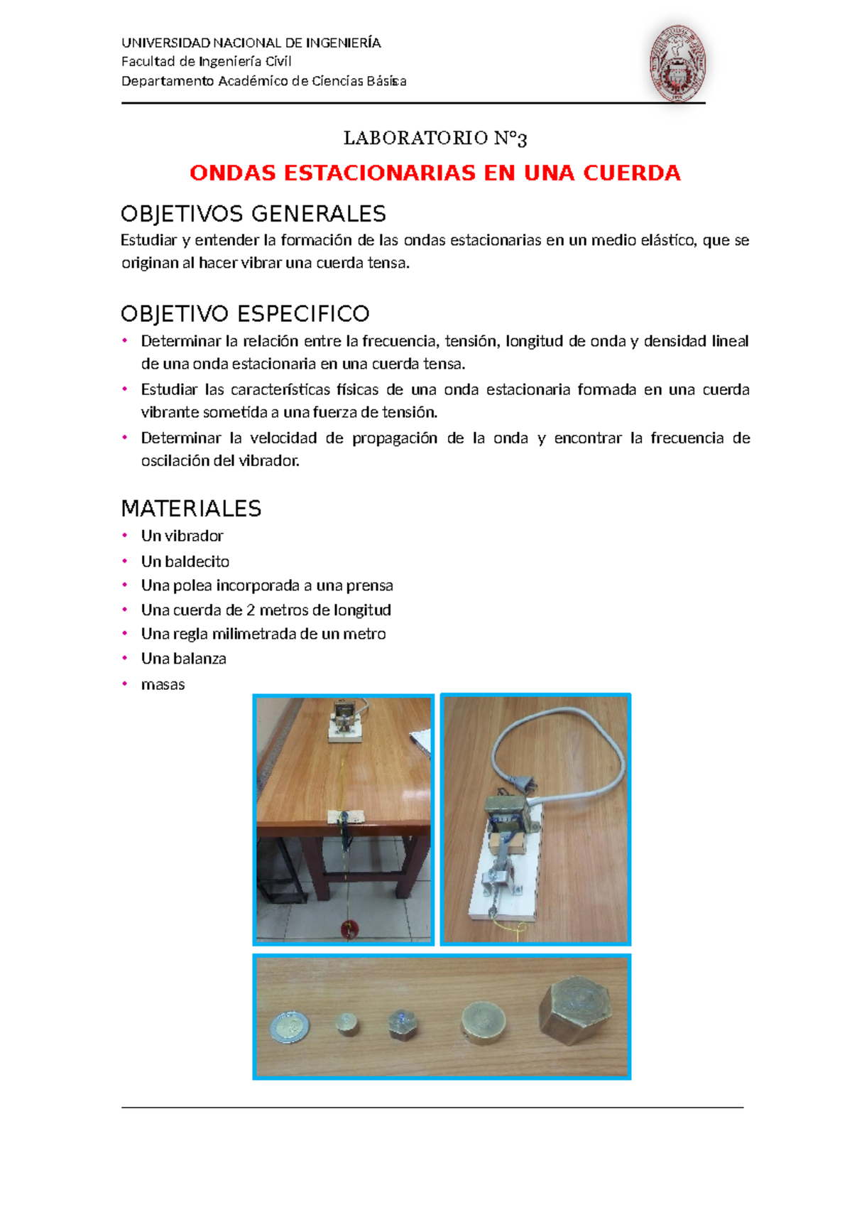 Laboratorio N°3: Ondas Estacionarias en una Cuerda - UNI - Studocu