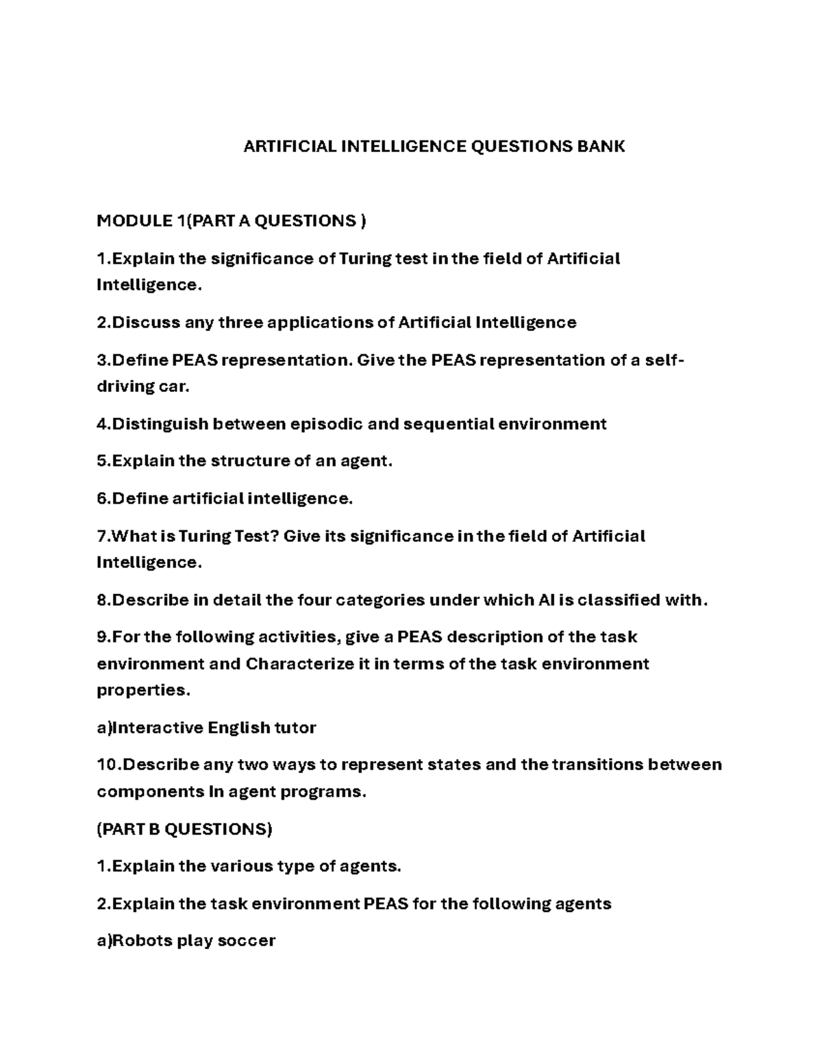 AI Question Bank - Module 1 & 2 (Part A & B Questions) - Studocu