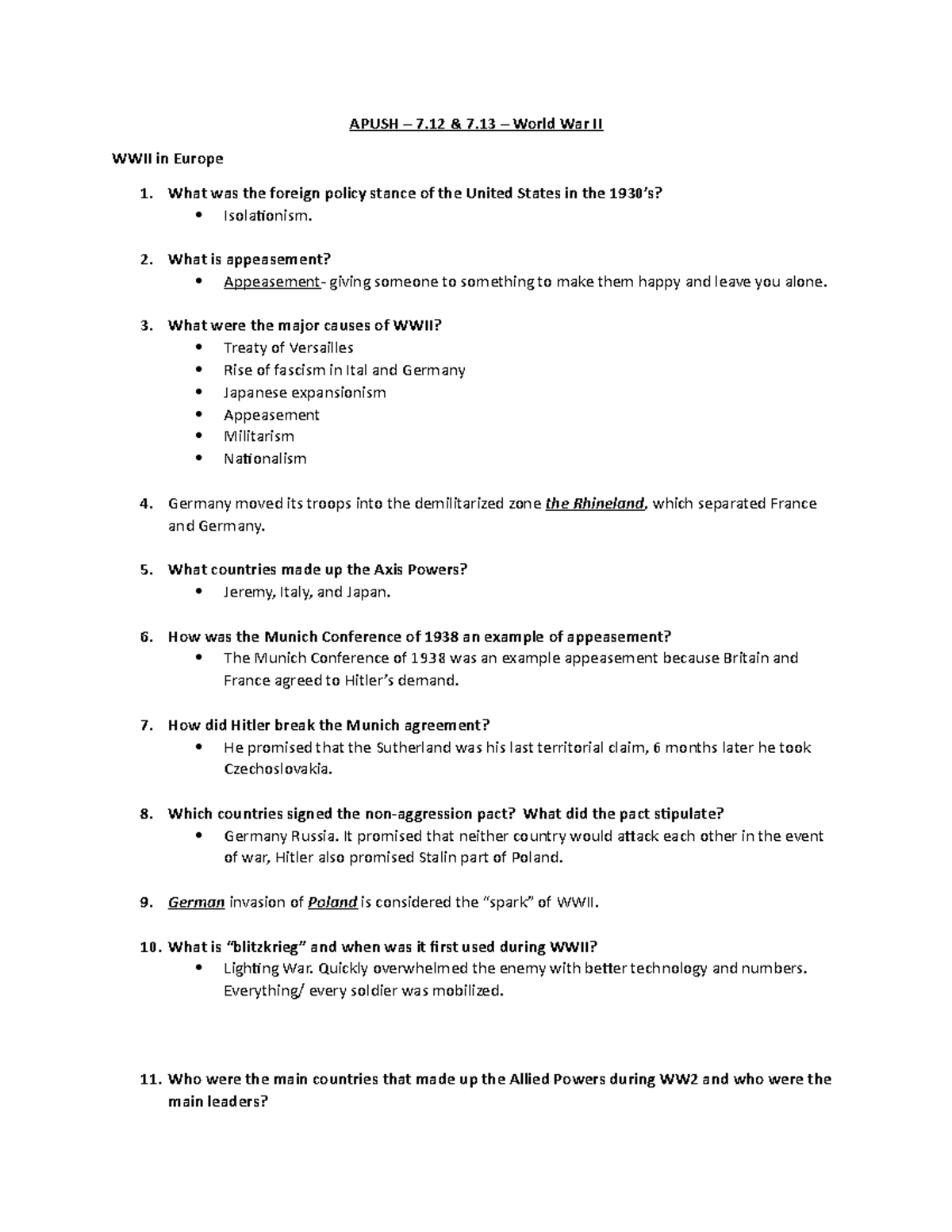APUSH 7.12 WWII Study Guide & Notes on Major Events and Impacts - Studocu