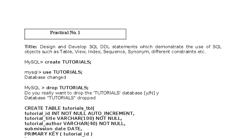 DBMS Practical Codes: SQL DDL and DML Statements Guide - Studocu