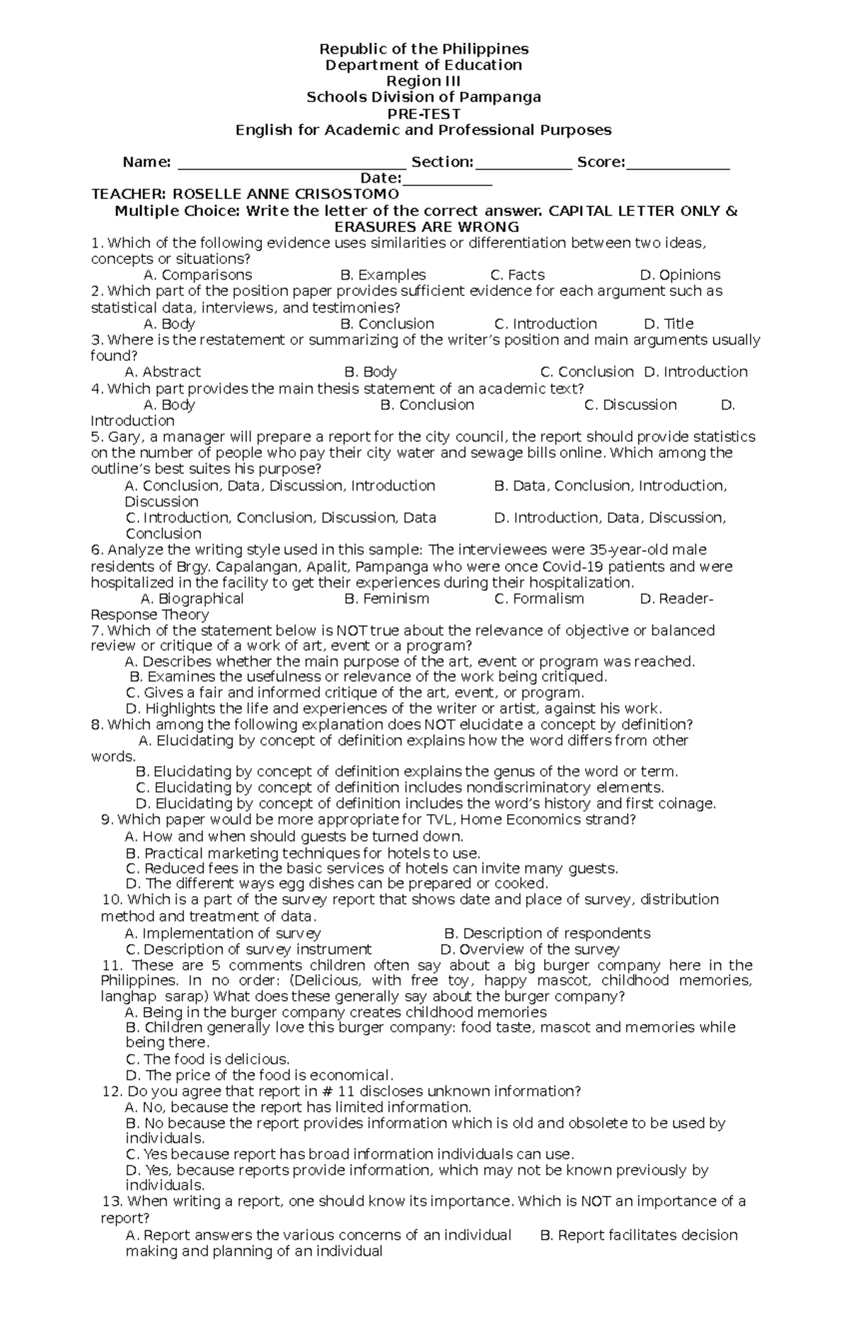 EAPP Pre-Test Review for English for Academic and Professional Purposes ...