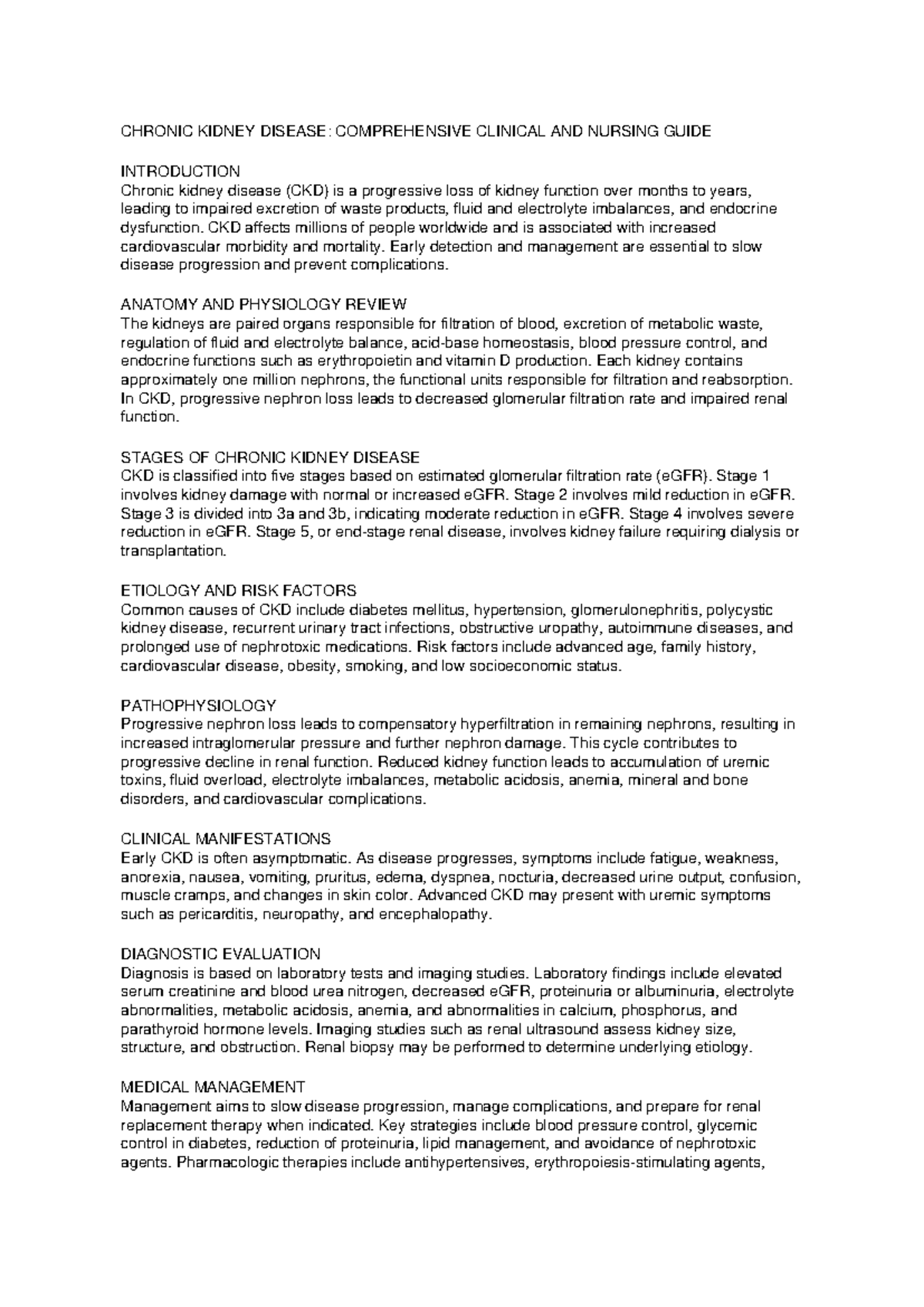 CHRONIC KIDNEY DISEASE (CKD): CLINICAL & NURSING GUIDE - Studocu