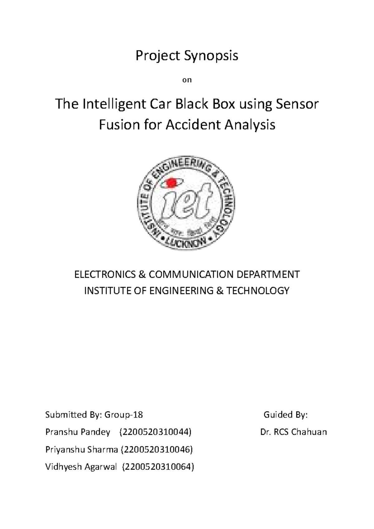 Project Synopsis: Intelligent Car Black Box for Accident Analysis - Studocu