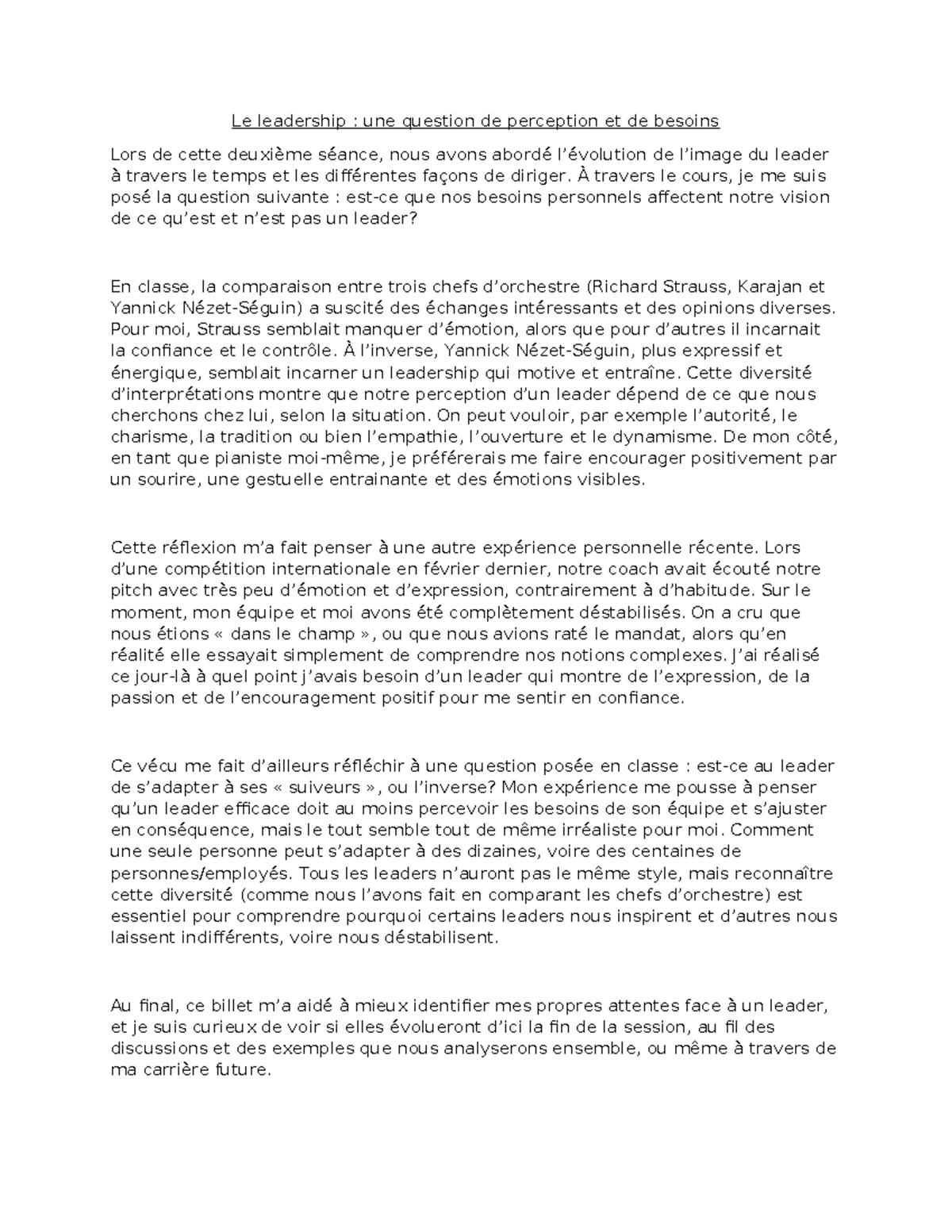 Billet de Blogue 2 : Perception et Besoins en Leadership - Studocu
