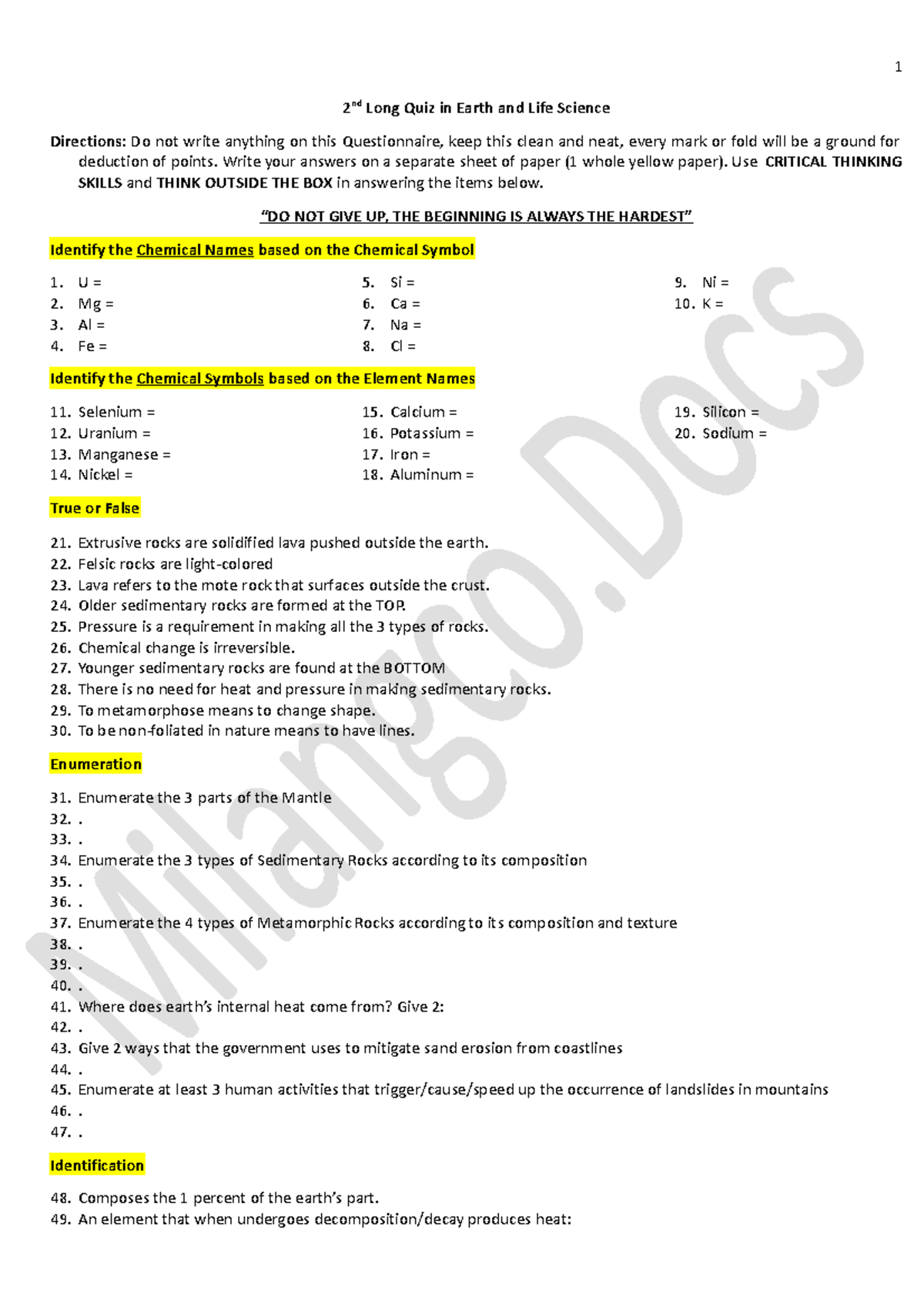 2nd long quiz set b in Earth and Life Science - 1 2 nd Long Quiz in ...