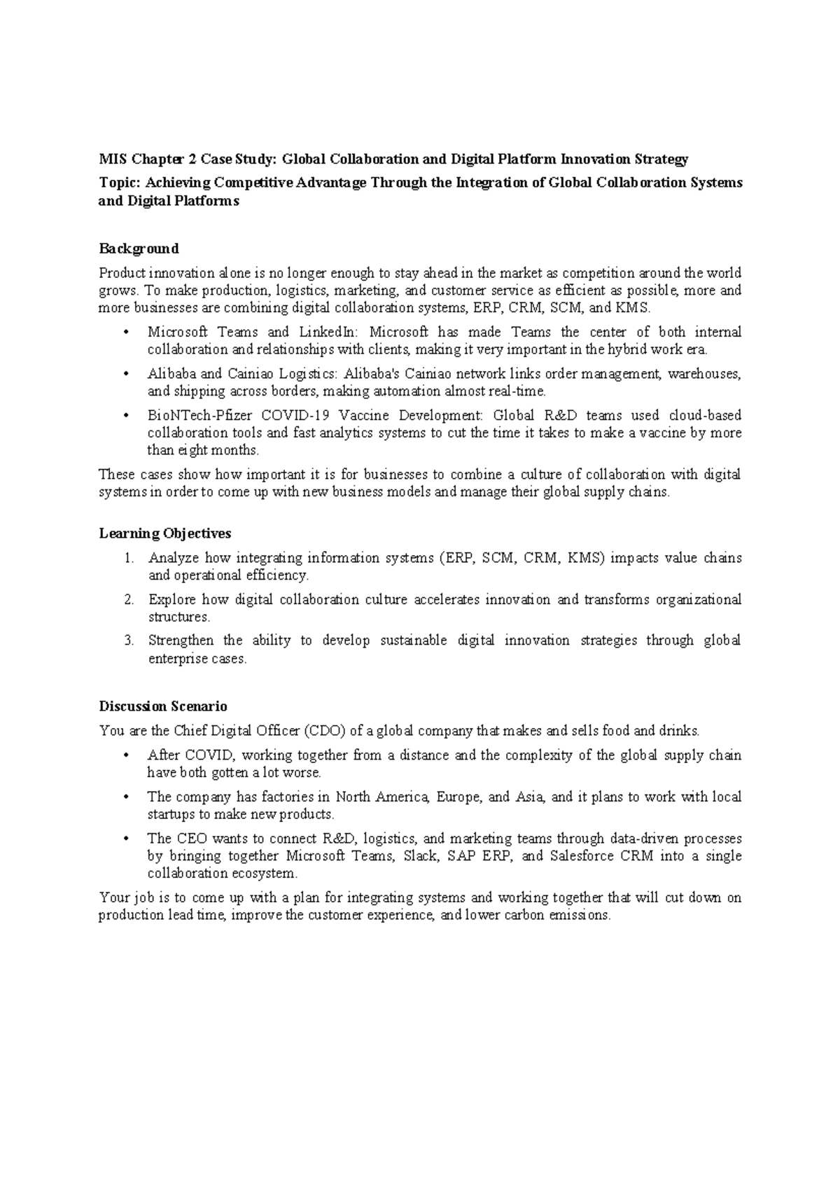 MIS Chapter 2 Case Study: Global Collaboration & Digital Innovation Strategies - Studocu