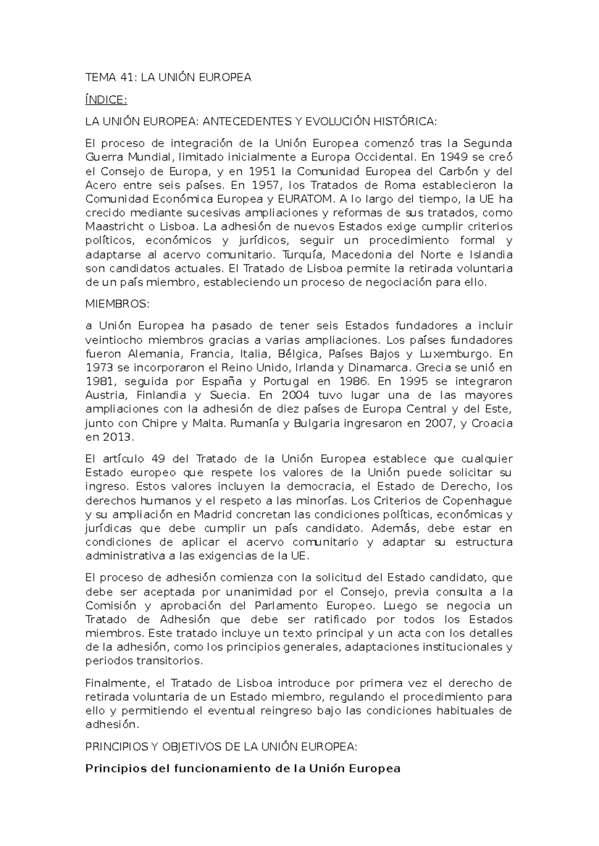 TEMA 41: LA UNIÓN EUROPEA - ANTECEDENTES Y ESTRUCTURA 2PP - Studocu