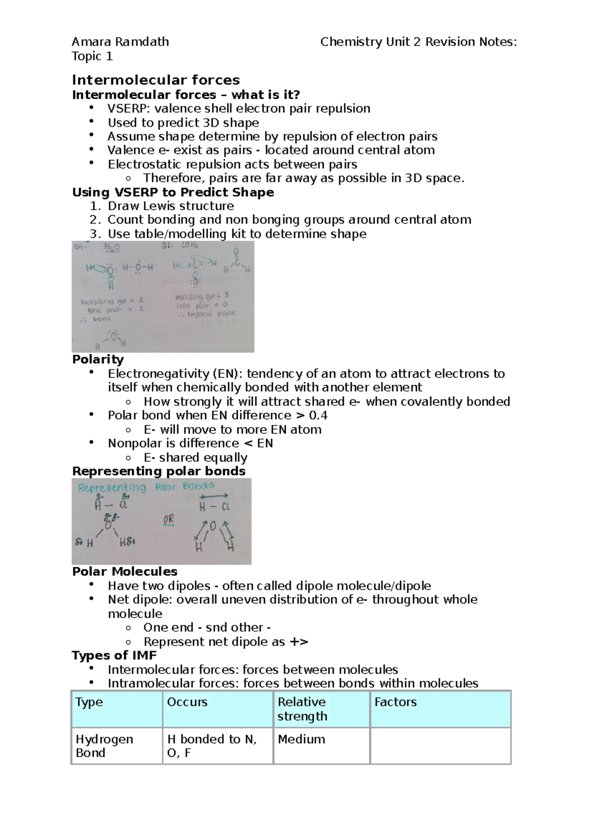 Chemistry Unit 2 Revision Notes - Intermolecular Forces & Gases - Studocu