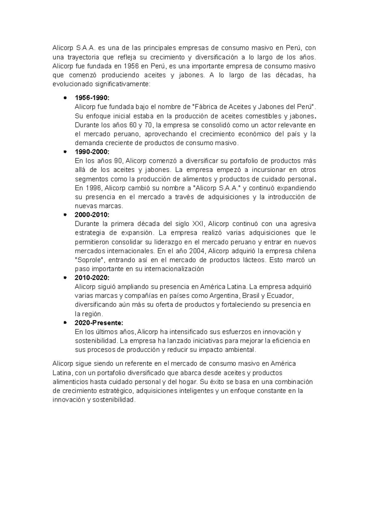 Historia de Alicorp S.A.: Crecimiento y Diversificación en Perú - Studocu