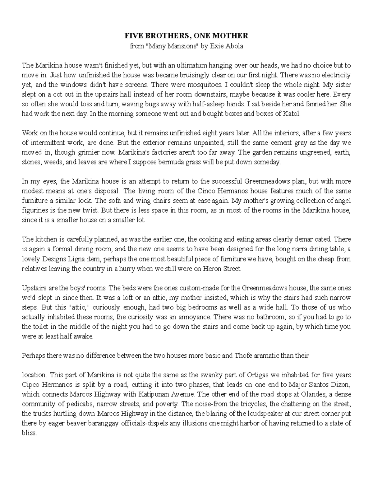 FIVE Brothers, ONE Mother: Reflections on Family Life in Marikina - Studocu