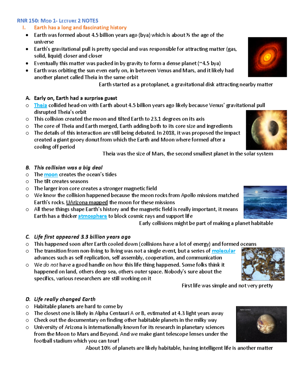 RNR 150- MOD 1- Lecture 2 Notes - I. Earth has a long and fascinating ...