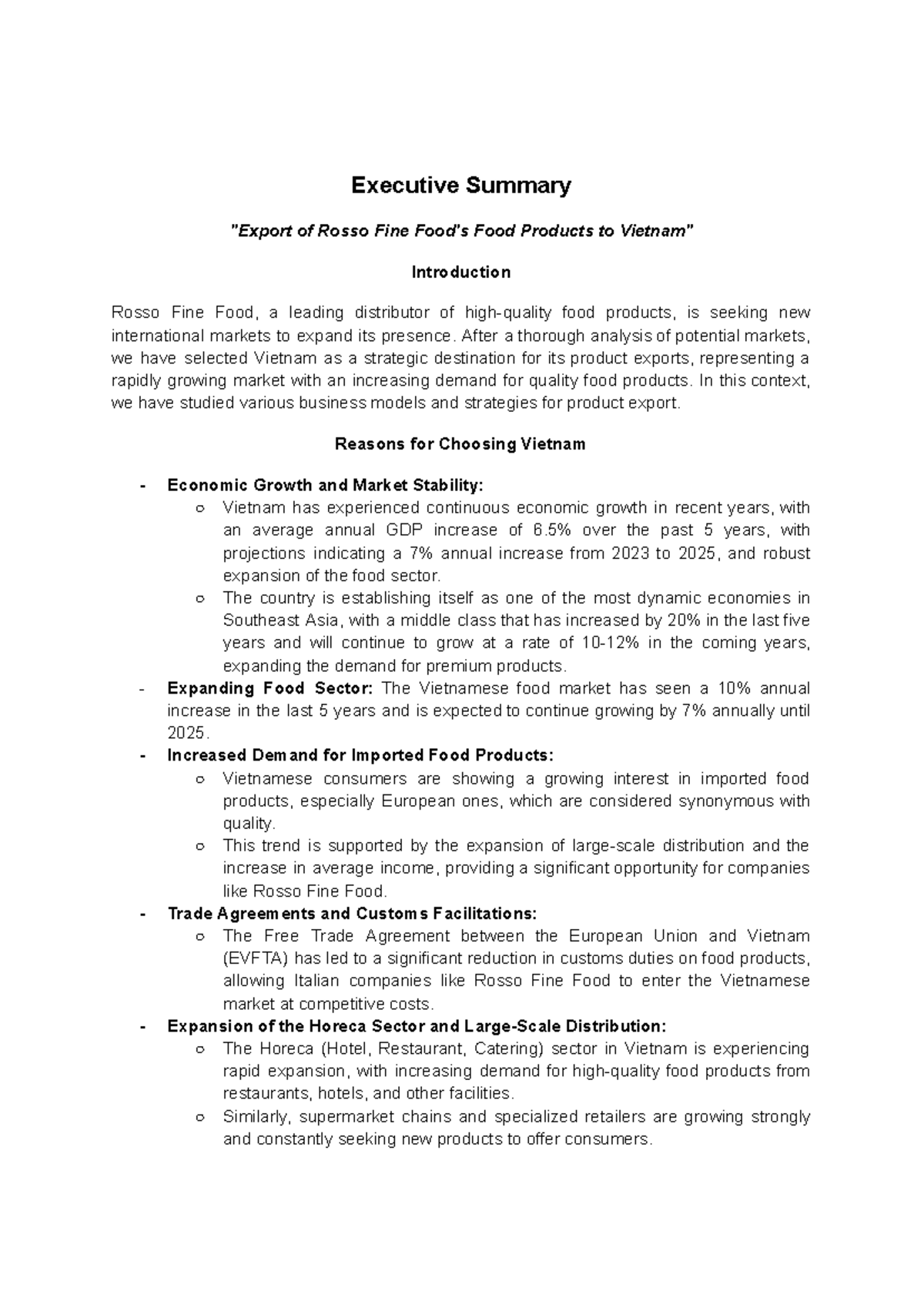 Executive Summary: Rosso Fine Food's Market Entry into Vietnam - Studocu